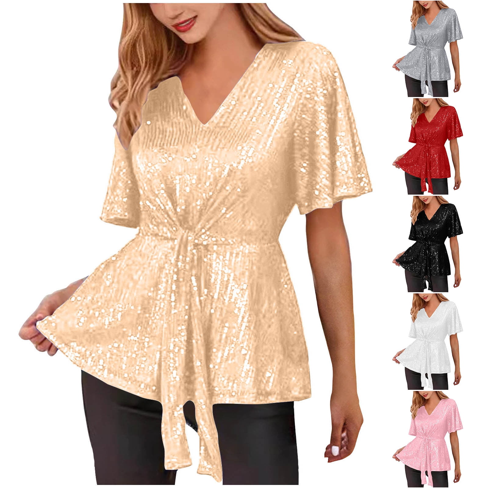 AGWOLF Womens V-Neck Sequin Tops Ruffle Sleeve Sparkly T Shirt Wrap ...