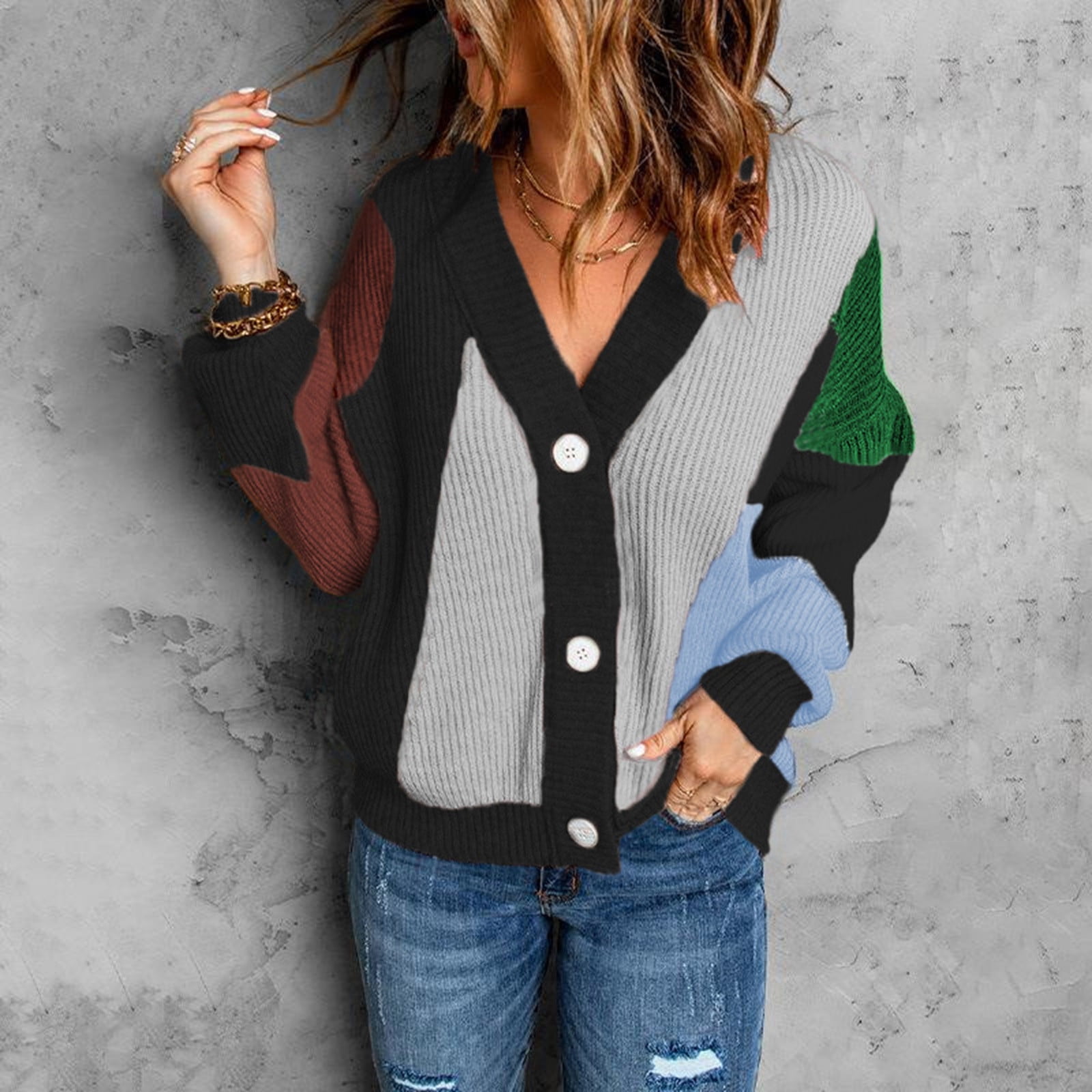 AGWOLF Womens V Neck Sweater Warm Color Block Ribbed Knit Jacket ...