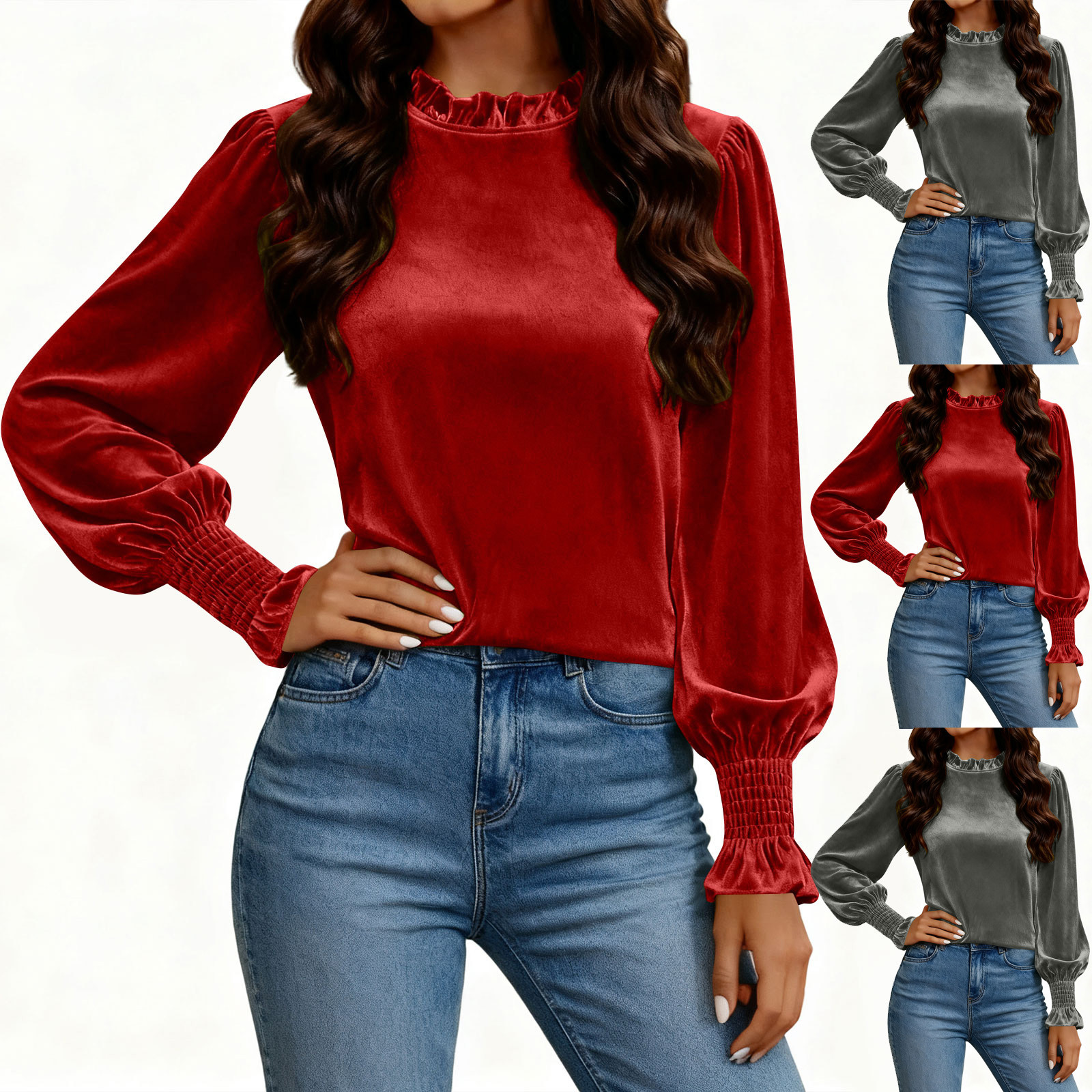 AGWOLF Womens Velvet Tops Elegant Puff Long Sleeve Velour Shirts Plus ...