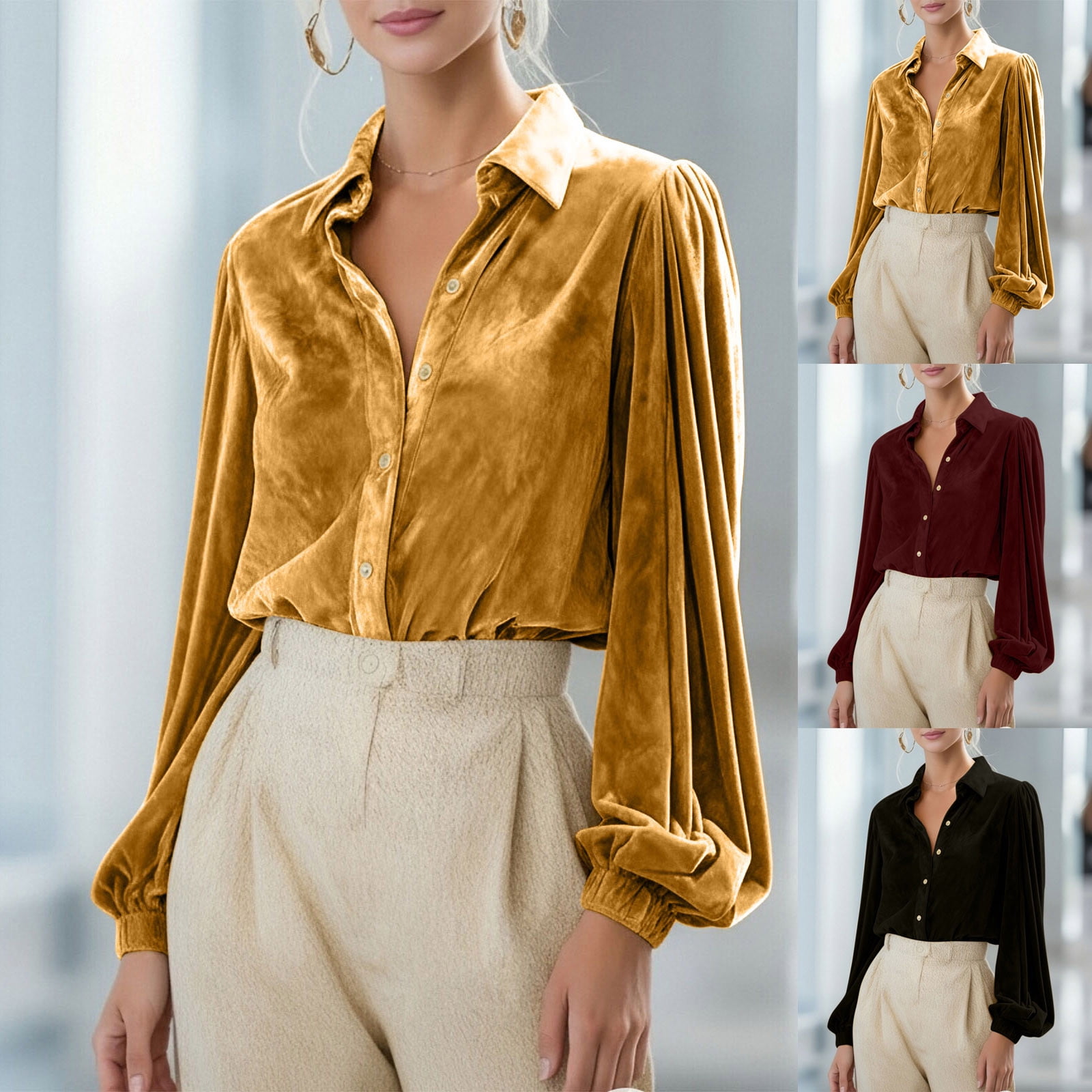 AGWOLF Womens Velvet Tops Long Sleeve Button Down Shirts Dressy ...