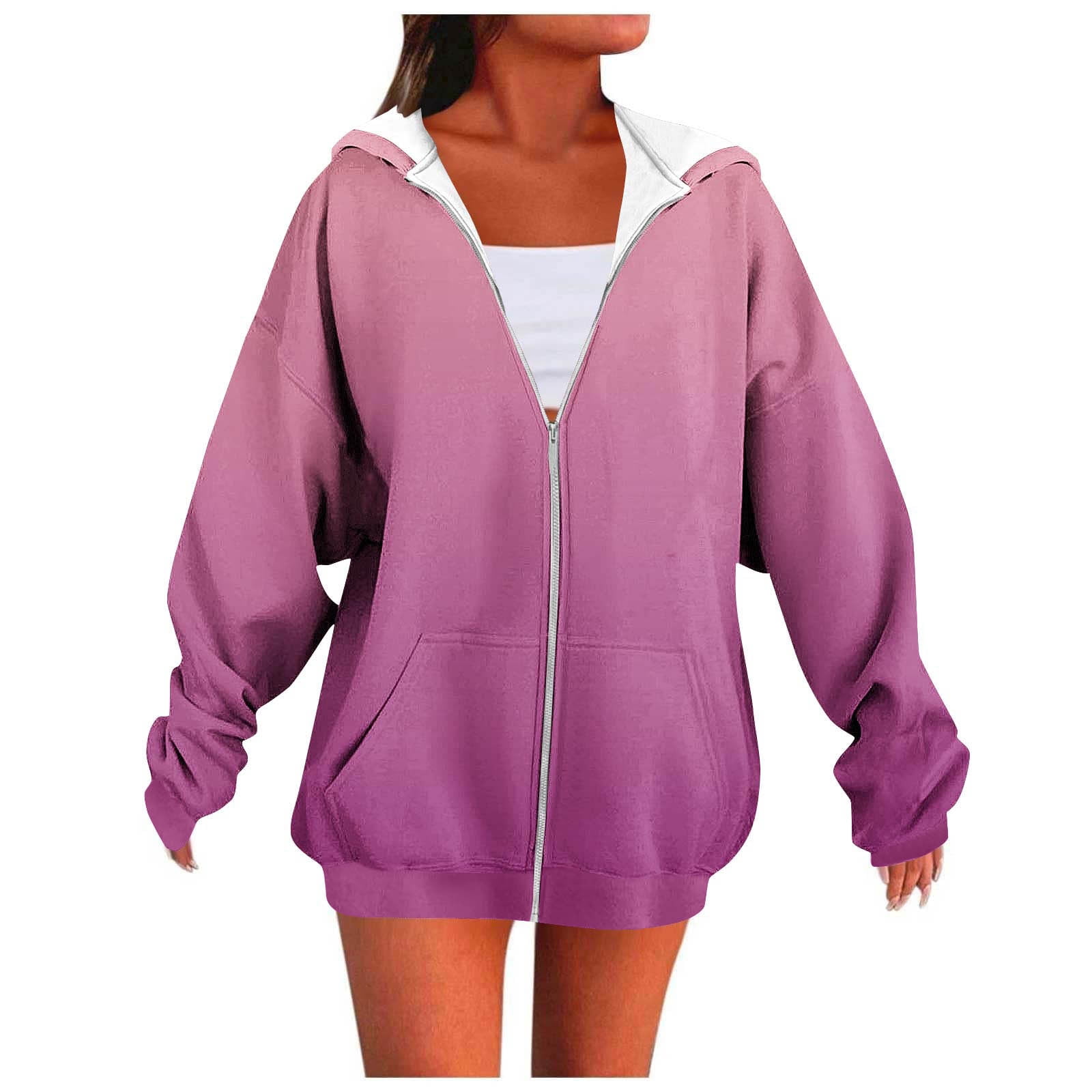 AGWOLF Zip Up Hoodies for Women Preppy Cradient Color Oversized ...