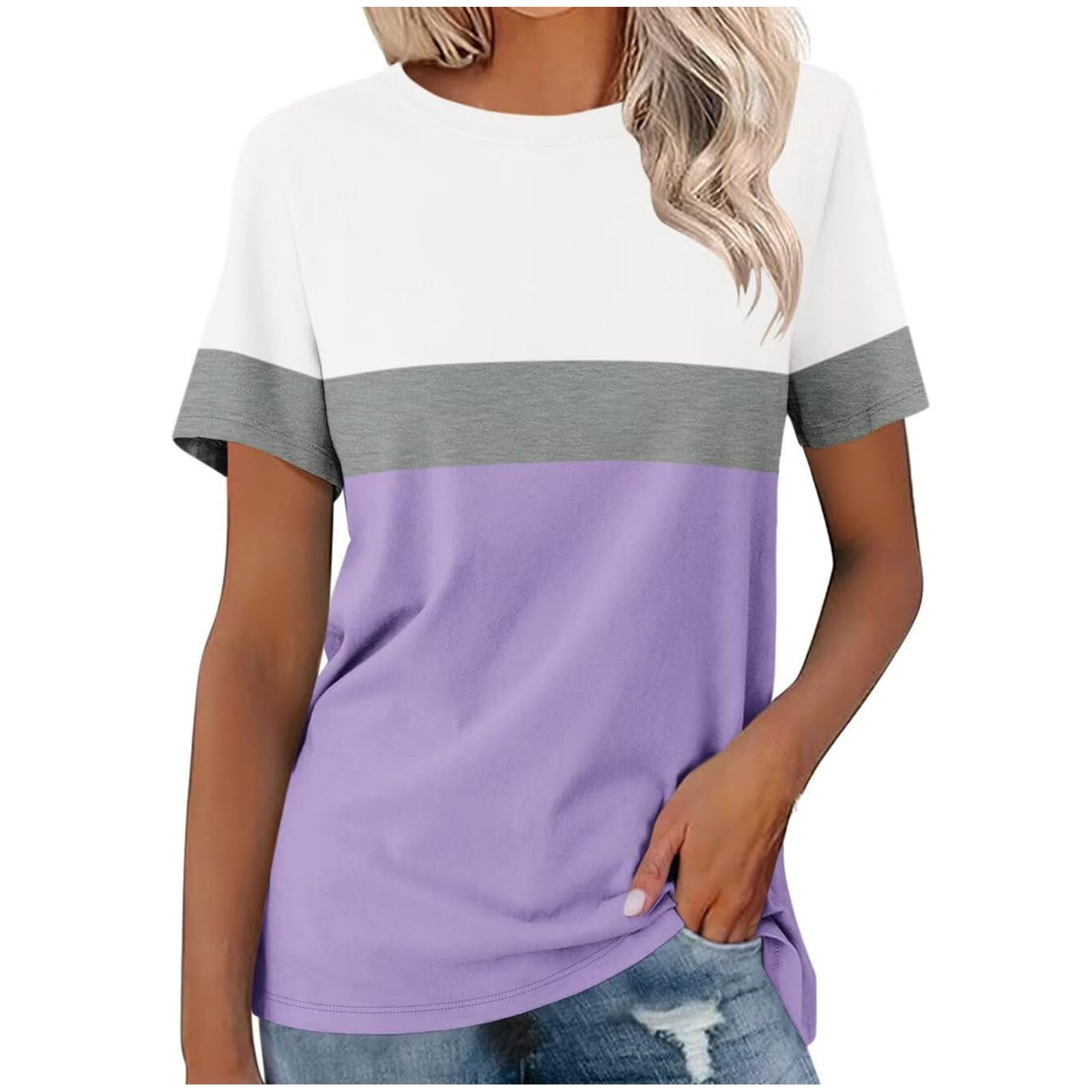 AHABREXF Womens Striped Color Block T Shirts Fashion Casual Summer ...