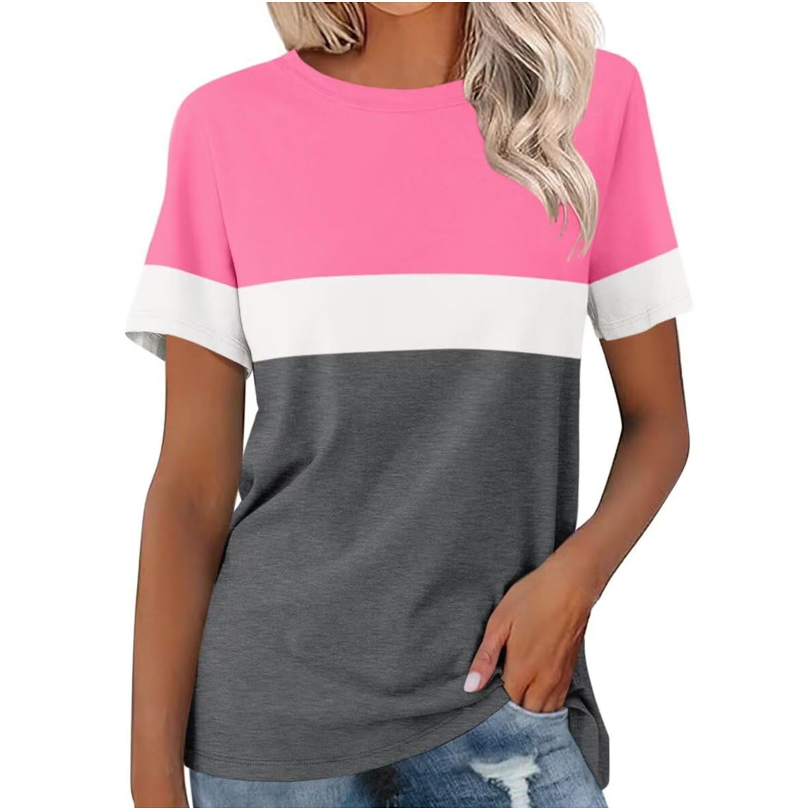 AHABREXF Womens Striped Color Block T Shirts Fashion Casual Summer ...