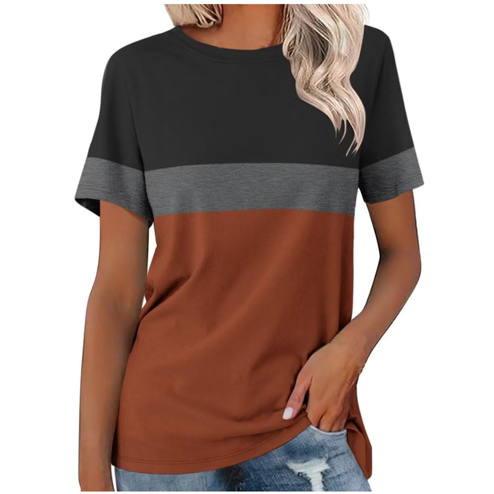 AHABREXF Womens Striped Color Block T Shirts Fashion Casual Summer Short Sleeve Tee Tops Basic ...