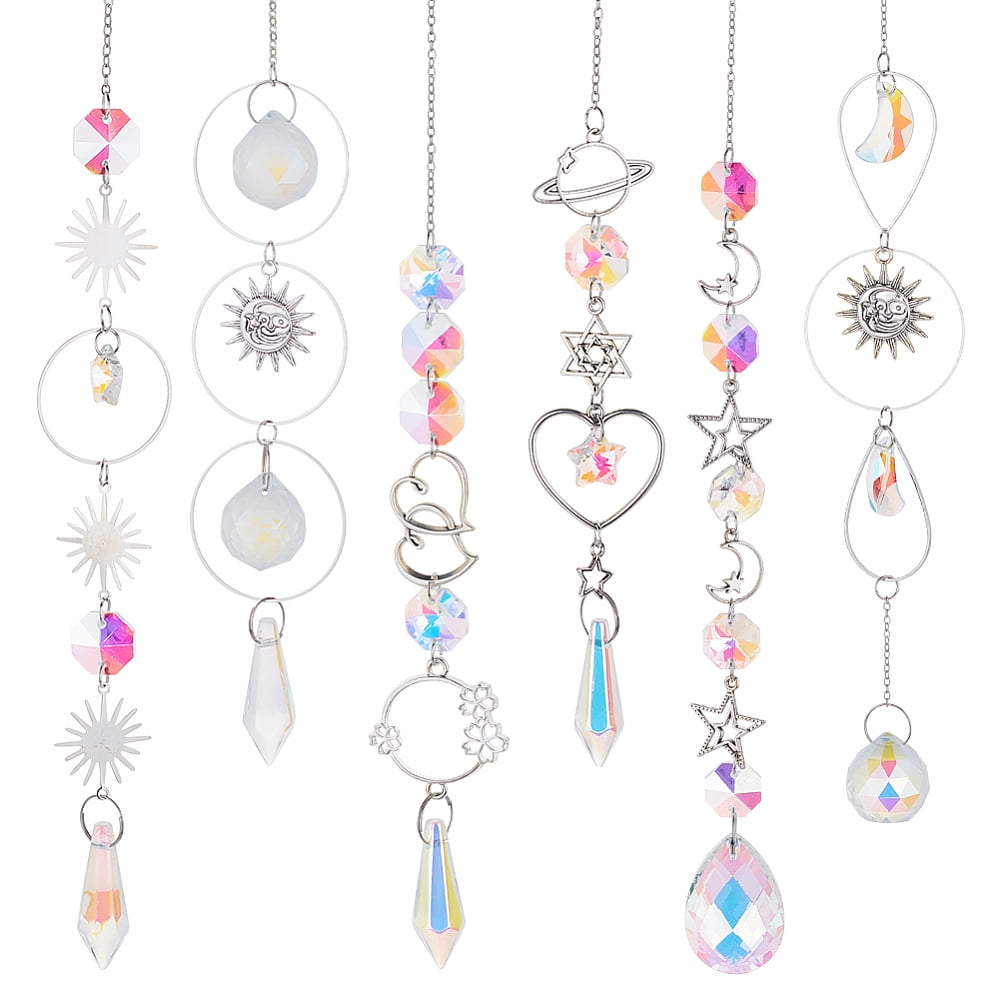 AHADEMAKER 6Pcs 6 Style Hanging Suncatcher Iron Faceted Glass Pendant ...