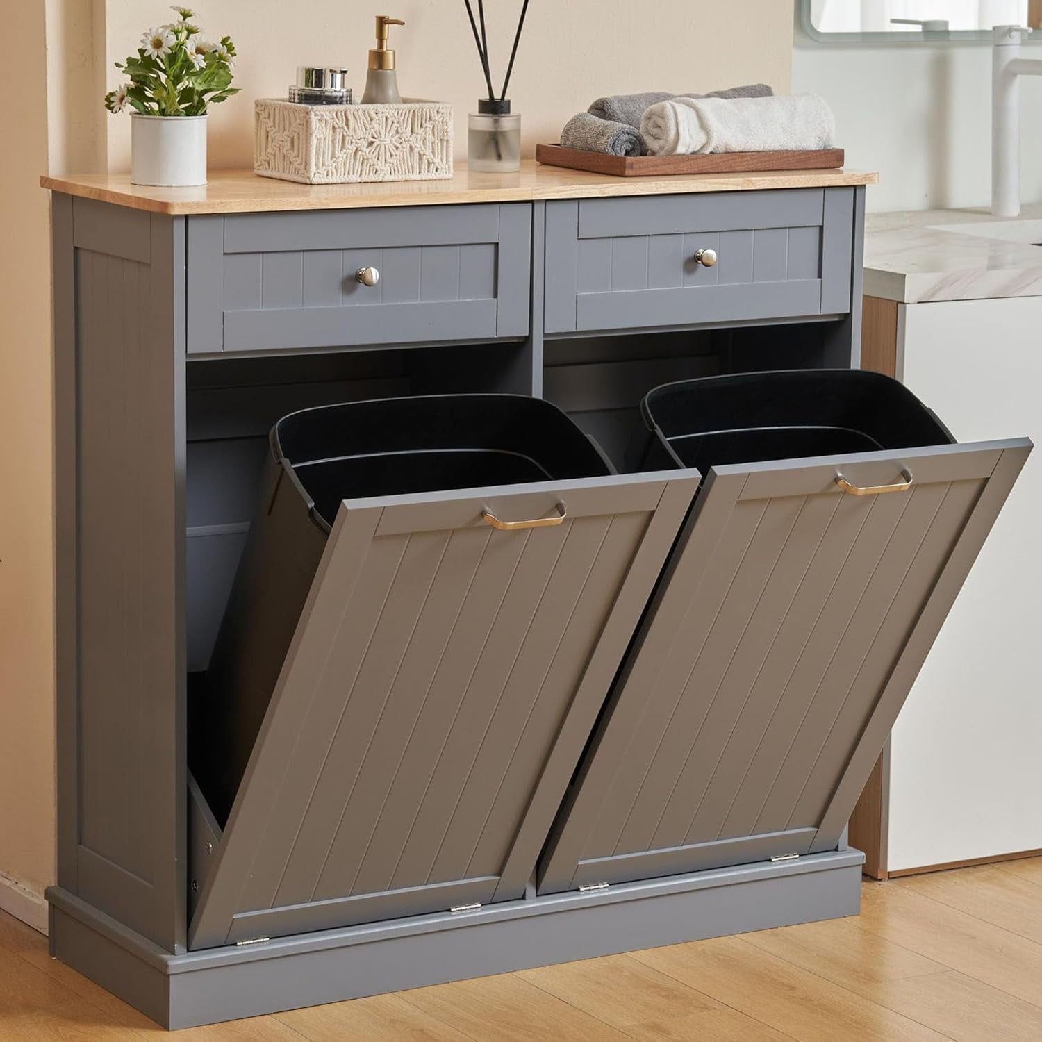 AHB 13 Gallons Tilt Out Trash Cabinet Kitchen Trash Can Free Standing ...