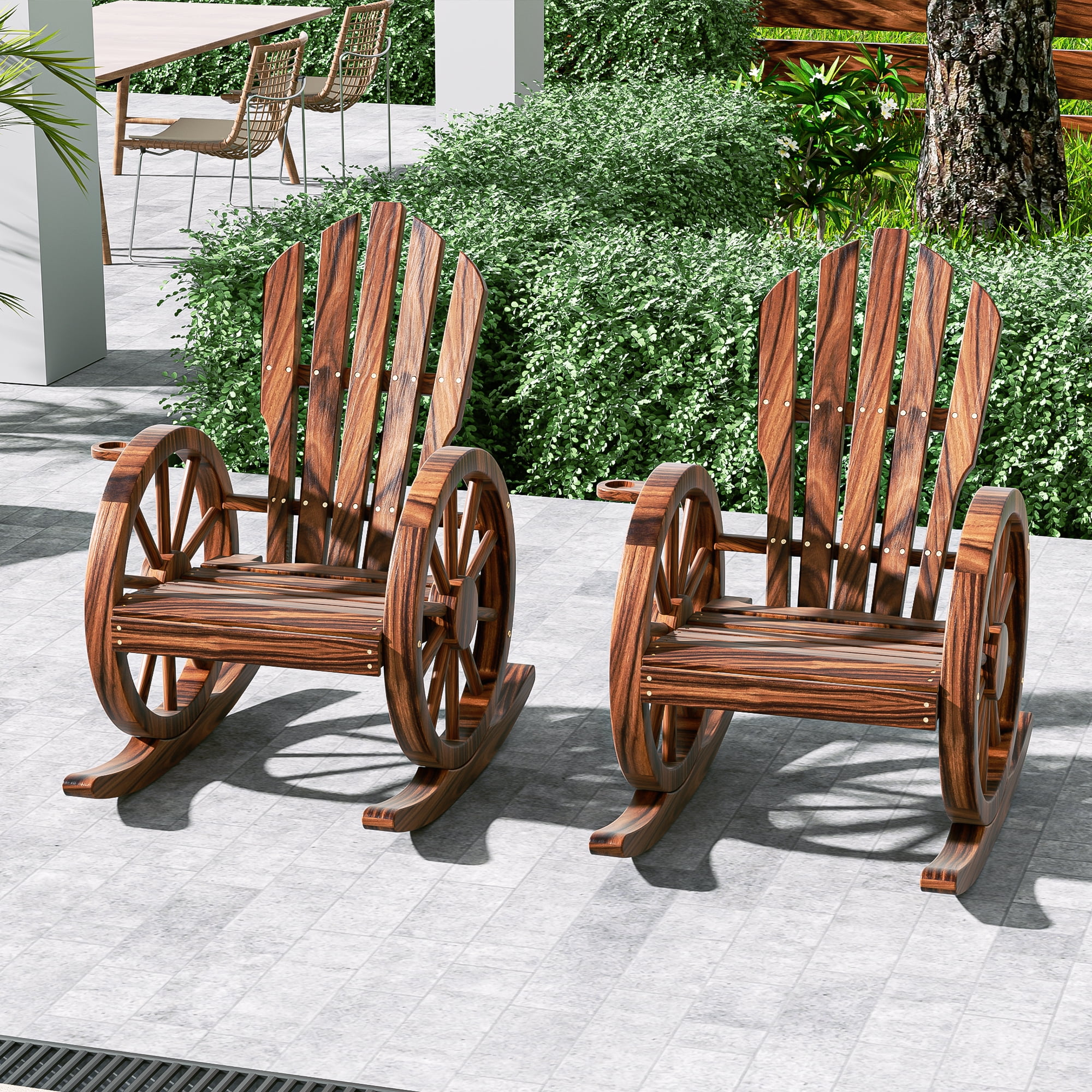 HARIPUL 2 Pieces Outdoor Wood Rocking Chair Set, 1 Patio Glider Rocking ...