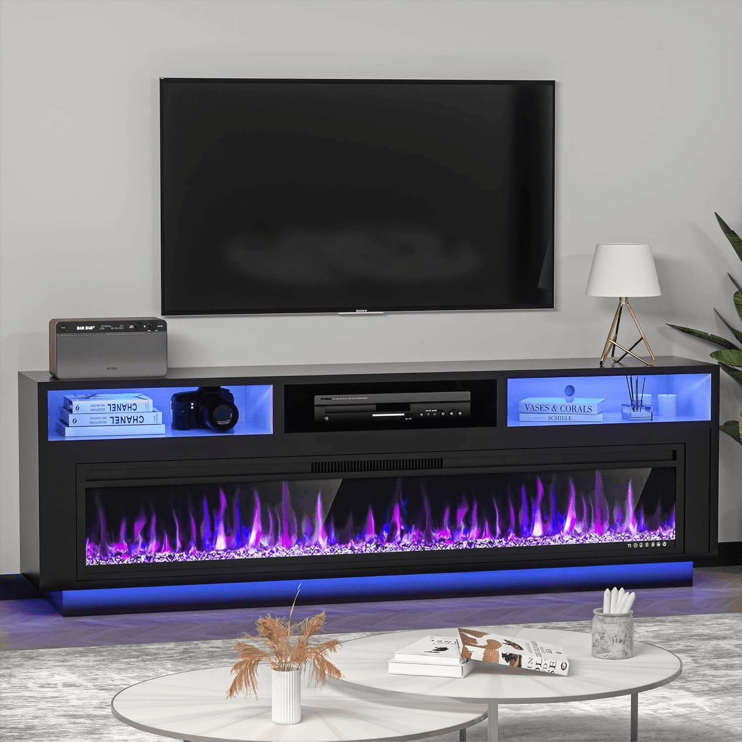 HARIPUL 58'' Fireplace TV Stand w/ LED Light & Storage Cabinet, Electric Fireplace for TVs up to ...