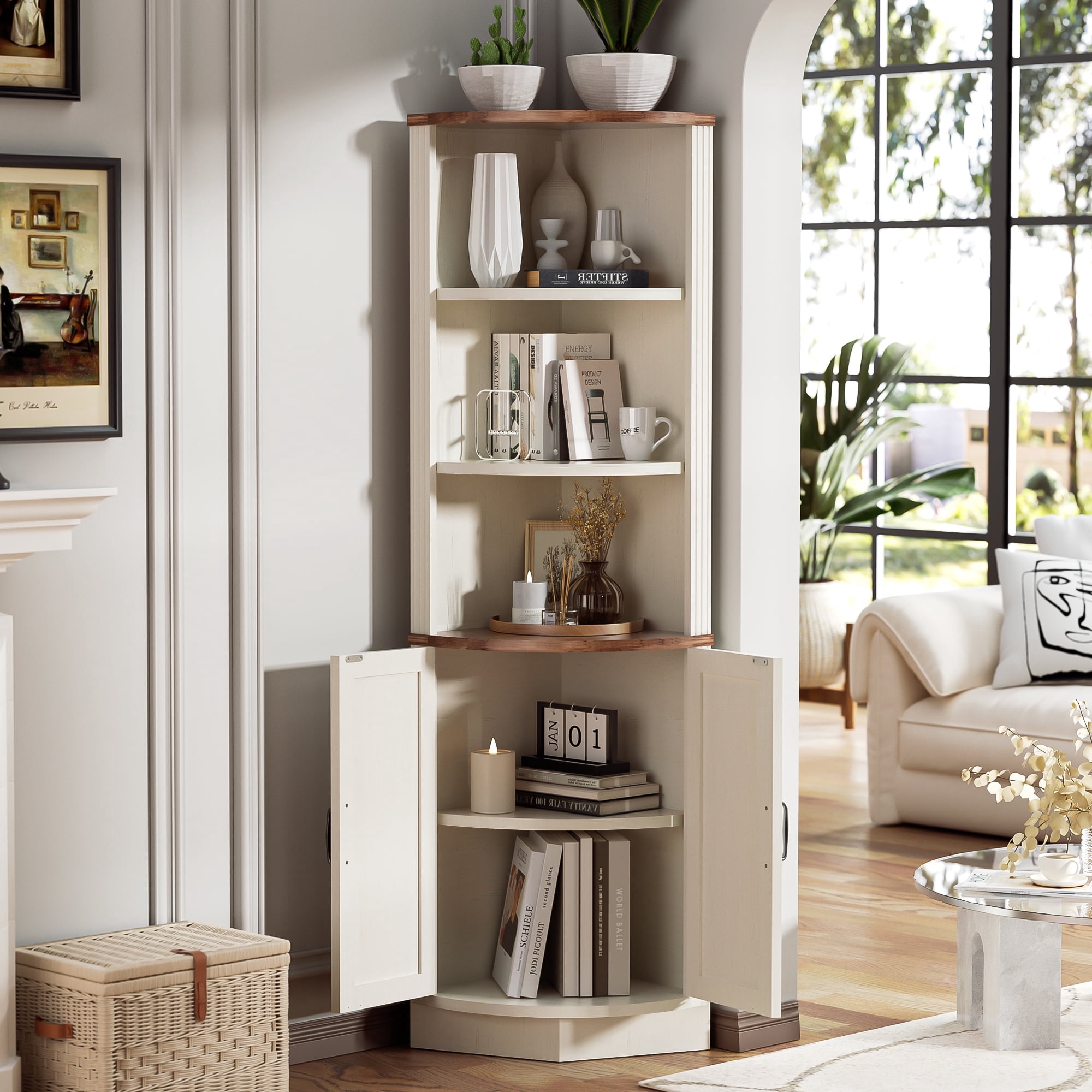 HARIPUL Corner Cabinet, 5-Tier Farmhouse Corner Storage Cabinet w ...