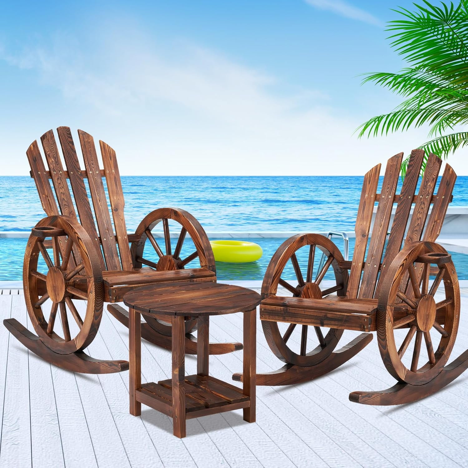 AHB Outdoor Wooden Rocking Chairs Set, Wagon Wheel Armrest Yard Glider ...