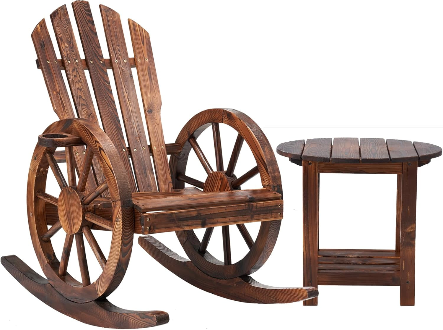 AHB Outdoor Wooden Rocking Chairs Set, Wagon Wheel Armrest Yard Glider ...