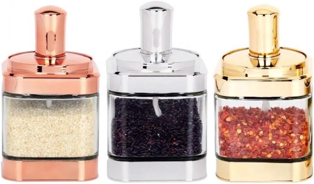 AHGLOP-Glass Condiment Spice Jars, 2PC Container with Lids and Spoons ...