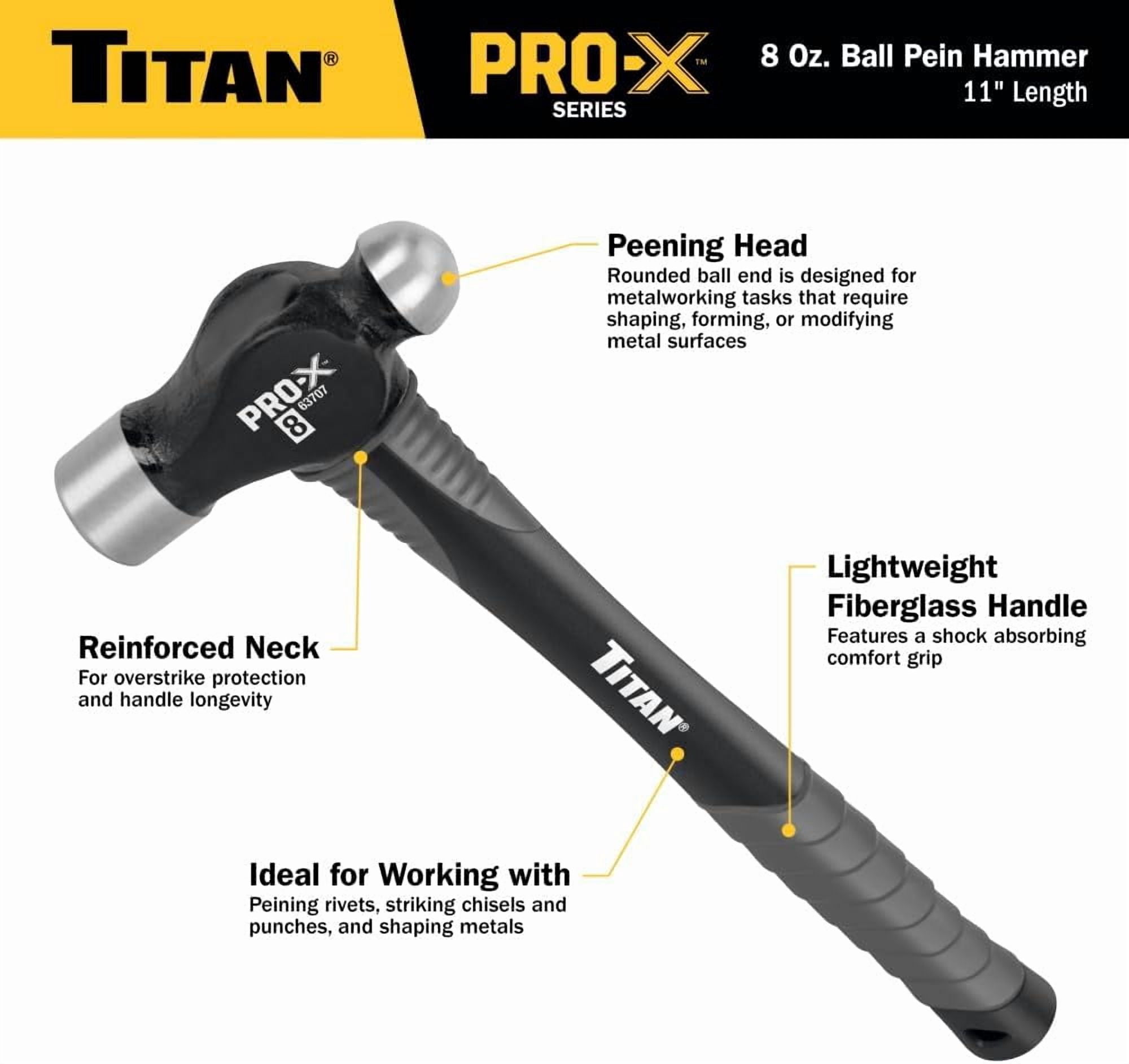 AHGLOP-Pro-X 63707 8oz Ball Pein Hammer, 11" Shock Absorbing Fiberglass ...