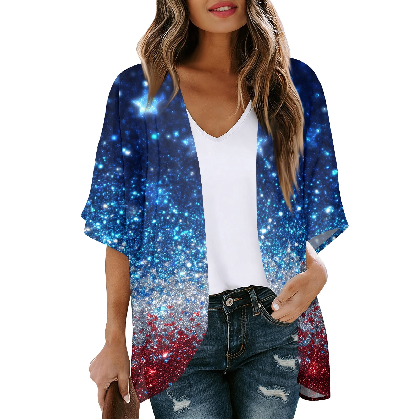 AHMOMEI American Flag Lightweight Chiffon Cardigan for Women Short ...