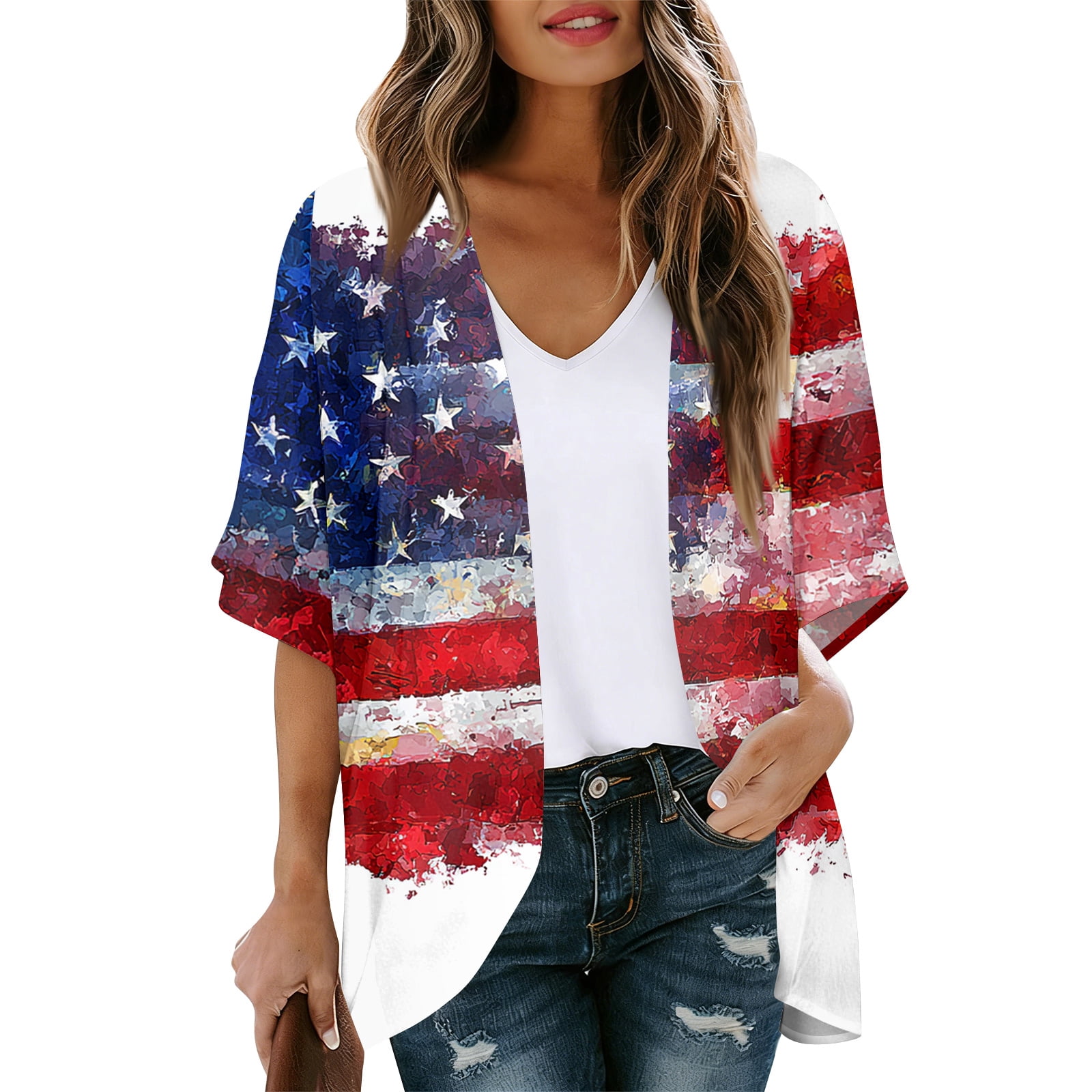 AHMOMEI American Flag Lightweight Chiffon Summer Cardigan Short Sleeve ...