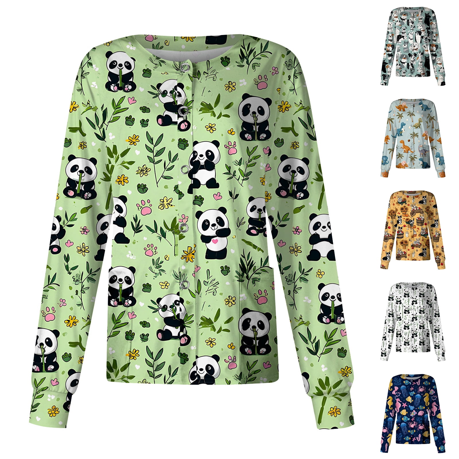 AHMOMEI Cartoon Animal Print Lightweight Scrub Jacket for Women Warm Up ...