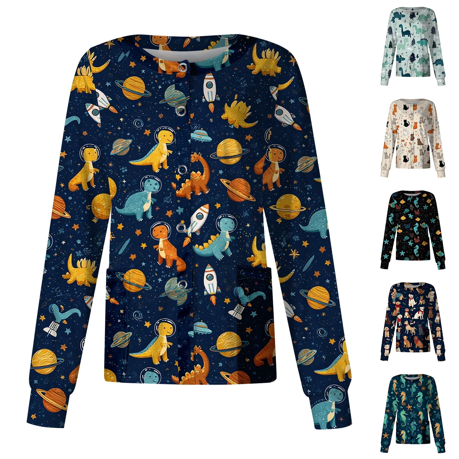 AHMOMEI Cartoon Animal Print Scrub Jacket Women Warm Up Snap Front ...