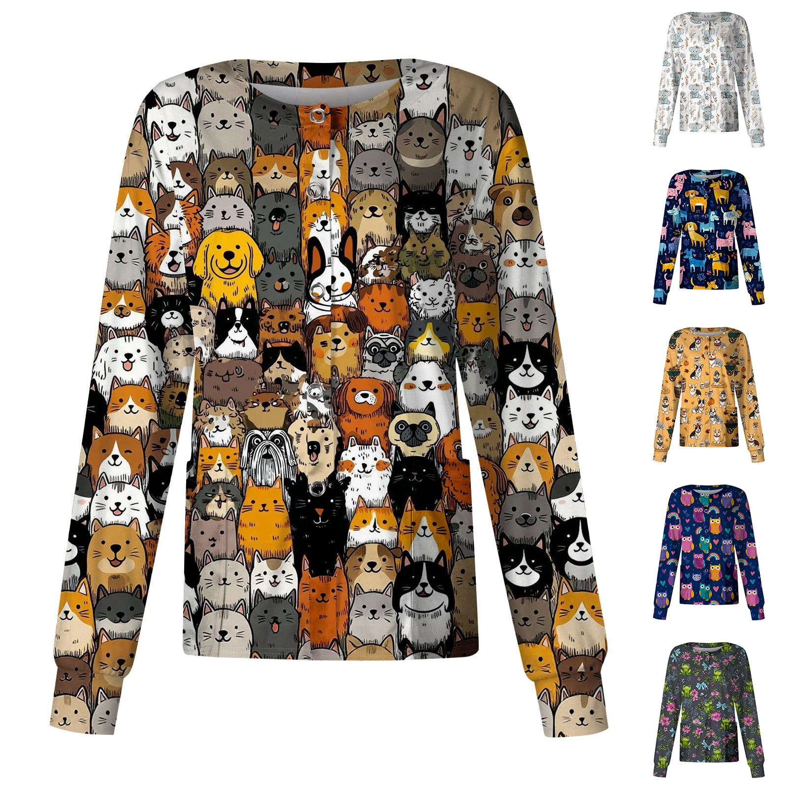 AHMOMEI Cartoon Animal Print Scrub Jackets for Women Warm Up Snap Front ...