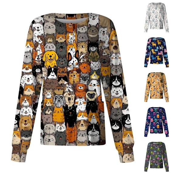 AHMOMEI Cartoon Animal Print Scrub Jackets for Women Warm Up Snap Front ...