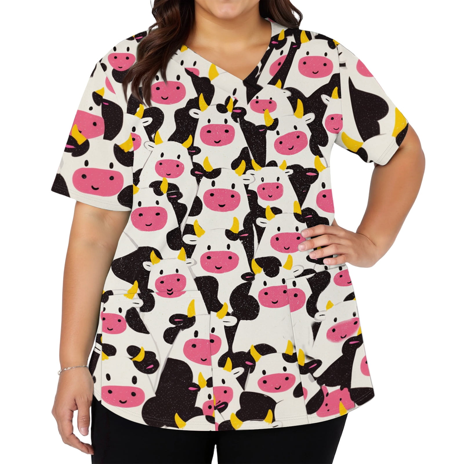 AHMOMEI Cartoon Animal Print Scrub Shirts for Women S-5XL Plus Size ...