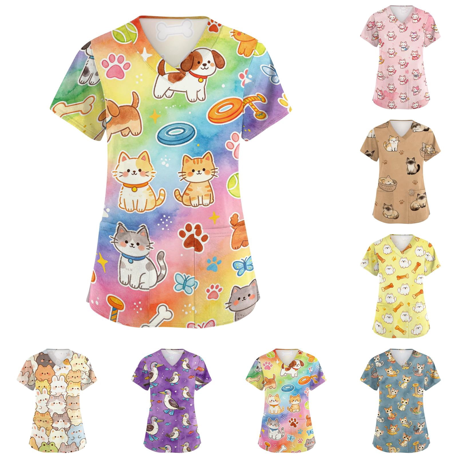 AHMOMEI Cartoon Animal Print Scrub Tops Women Stretchy S-5XL Plus Size ...