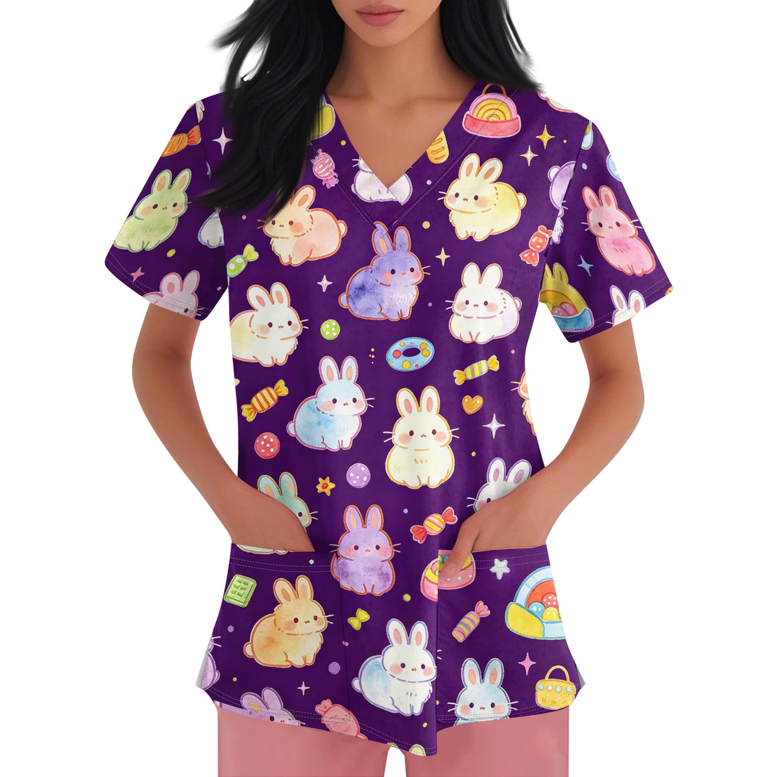AHMOMEI Cartoon Animal Print Scrub Tops Women Stretchy Stretchy S-5XL ...