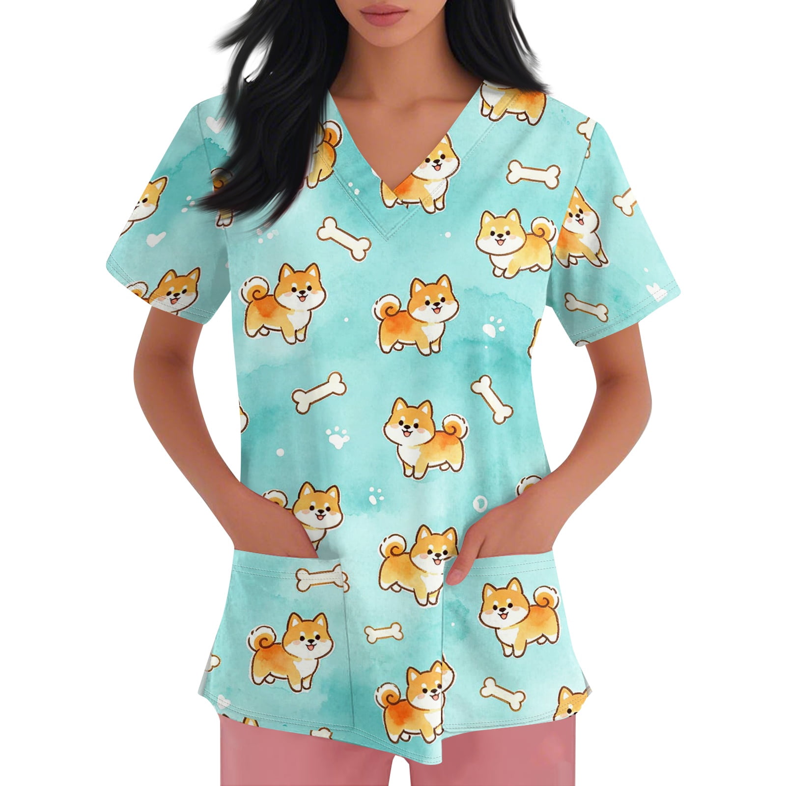 AHMOMEI Cartoon Animal Print Scrub Tops for Women Fitted Stretchy S-5XL ...