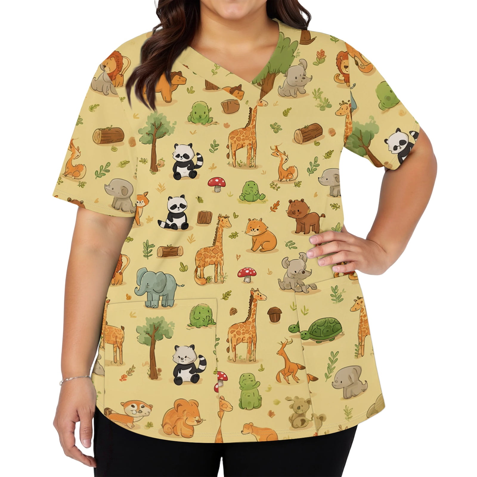 AHMOMEI Cartoon Animal Print Scrubs Top for Women S-5XL Plus Size Nurse ...