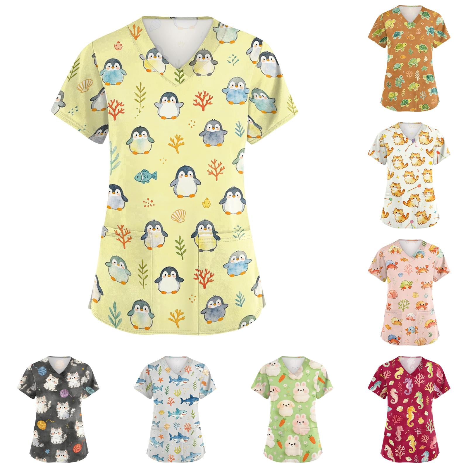 AHMOMEI Cartoon Animal Print Scrubs Top for Women Stretchy S-5XL Plus ...