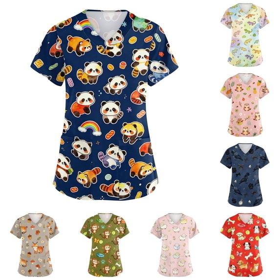 AHMOMEI Cartoon Animal Print Scrubs Top for Women Stretchy S-5XL Plus ...