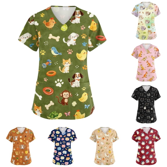 AHMOMEI Cartoon Animal Print Scrubs Tops for Women Stretchy S-5XL Plus ...