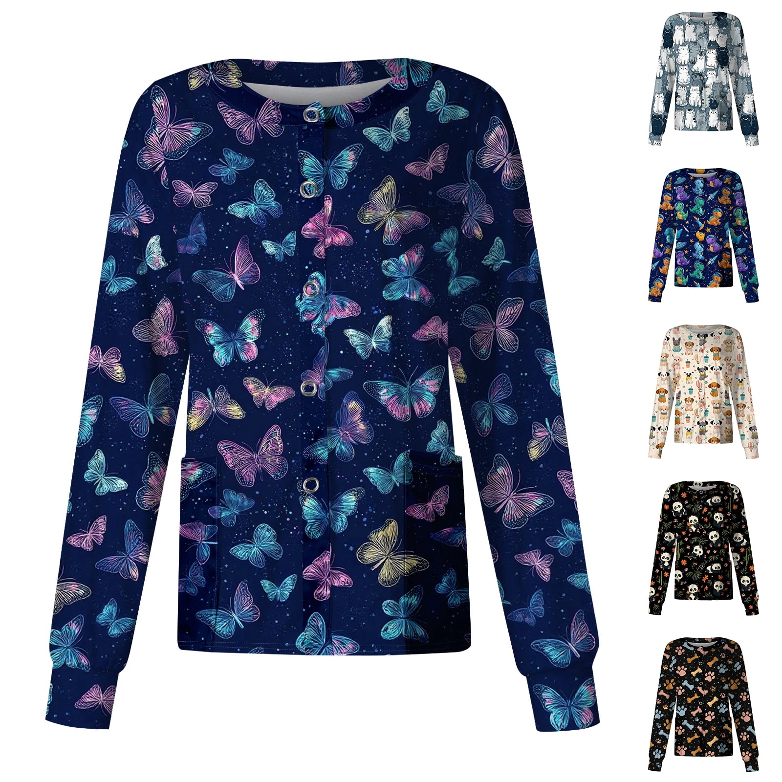 AHMOMEI Cartoon Animal Print Women Scrub Jacket Warm Up Snap Front ...