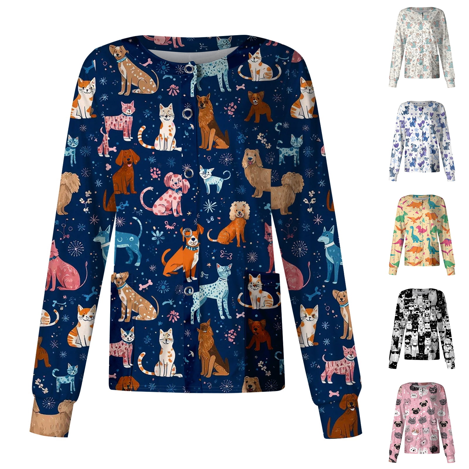 AHMOMEI Cartoon Animal Print Women's Scrub Jackets Warm Up Snap Front ...