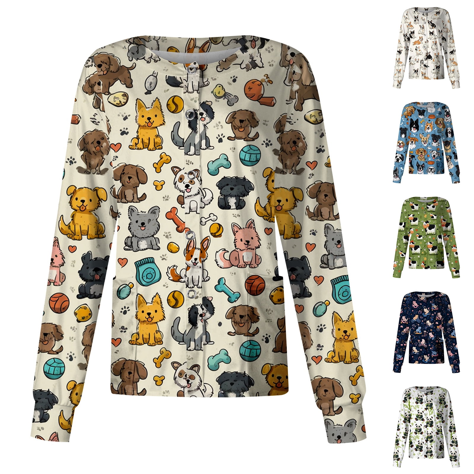 AHMOMEI Cartoon Animal Print Womens Scrub Jacket Warm Up Snap Front ...