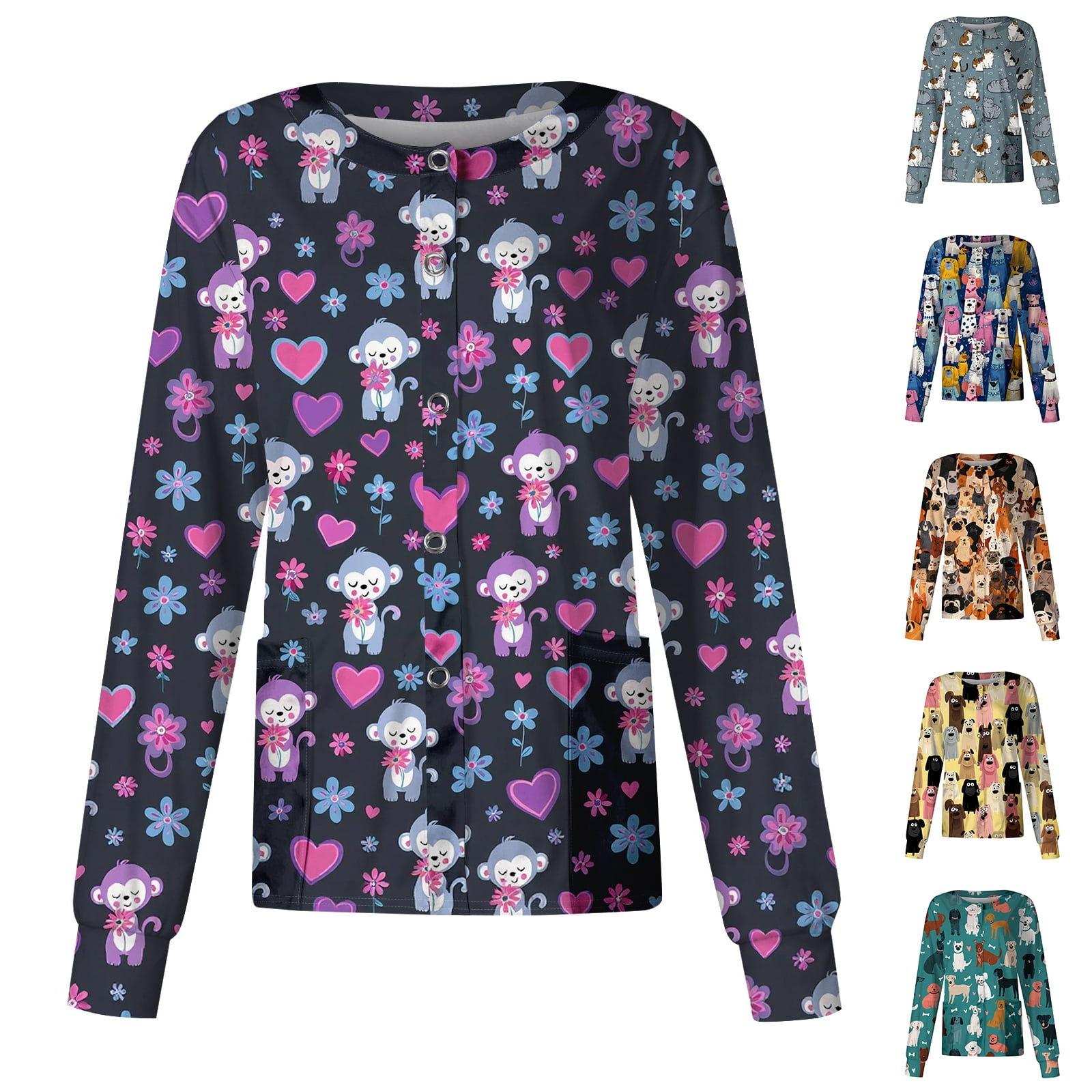 AHMOMEI Cartoon Animal Print Womens Scrub Jacket Warm Up Snap Front ...