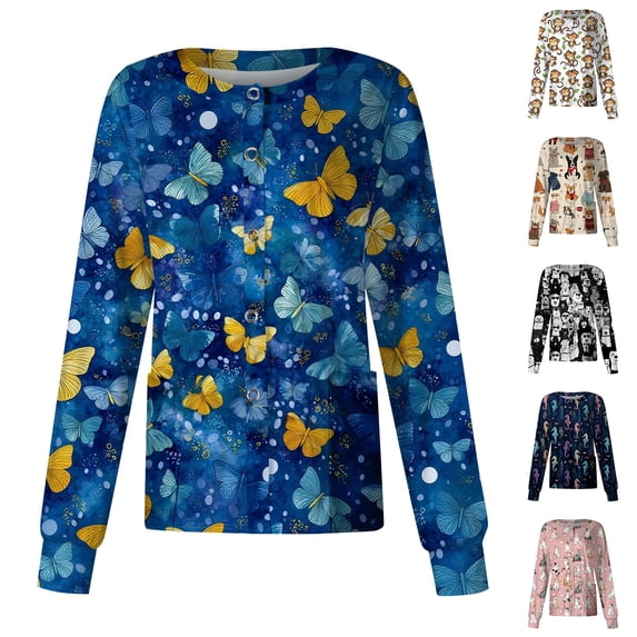 AHMOMEI Cartoon Animal Print Womens Scrub Jackets Warm Up Snap Front ...