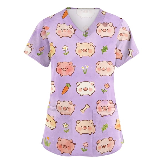 AHMOMEI Cartoon Animal Print Womens Scrub Tops Stretchy S-5XL Plus Size ...