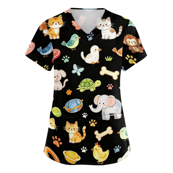 AHMOMEI Cartoon Animal Print Womens Scrubs Stretchy S-5XL Plus Size ...