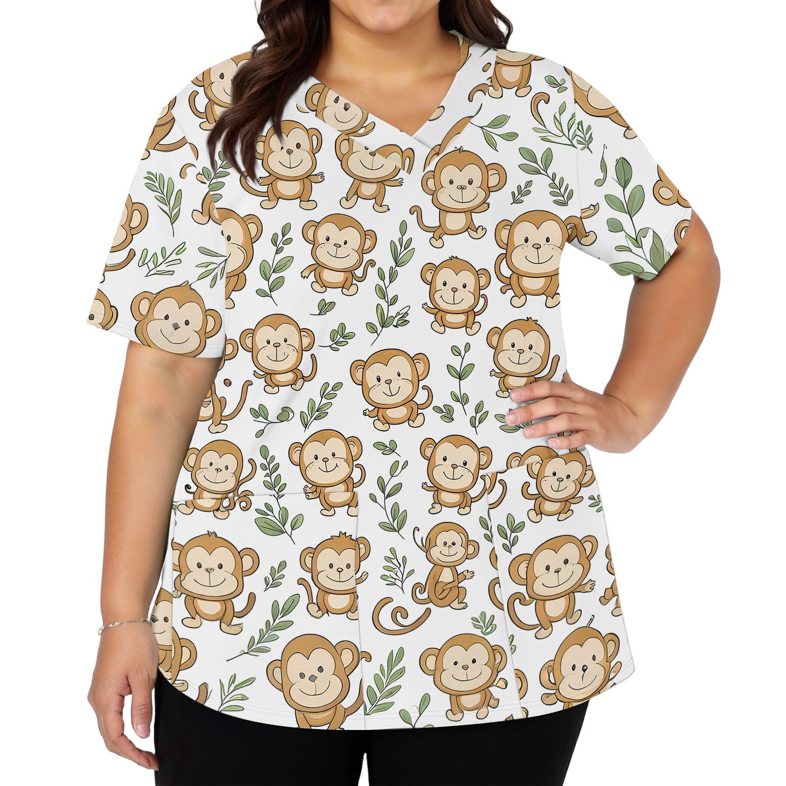 AHMOMEI Cartoon Animal Print Womens Scrubs Top Workwear Stretchy S-5XL ...