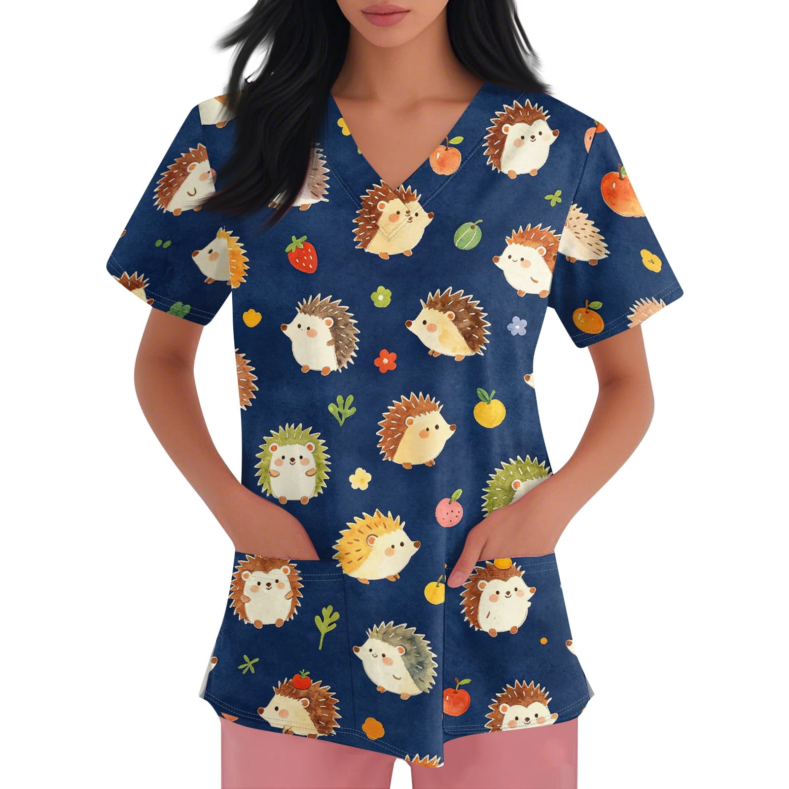 AHMOMEI Cartoon Animal Print Womens Scrubs Tops Stretchy S-5XL Plus ...