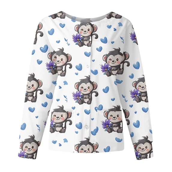 AHMOMEI Cartoon Print Jacket for Scrubs Women Warm Up Snap Front Women ...