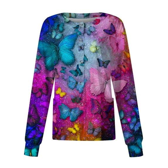 AHMOMEI Flower Print Womens Uniform Scrub Tops Warm Up Snap Front Nurse ...