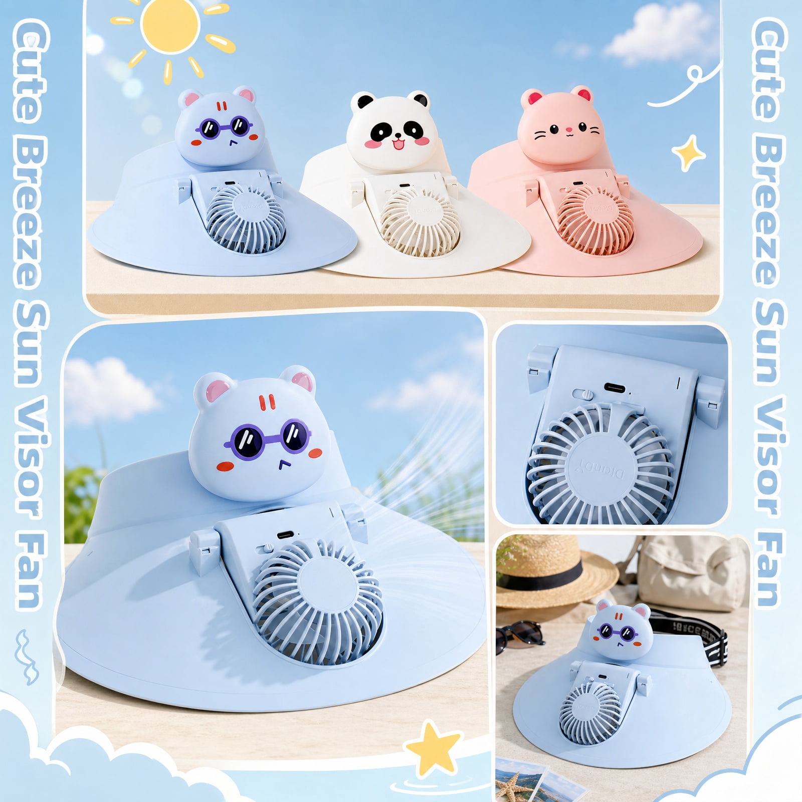 AHMOMEI Kids’ Cute Animal USB Rechargeable Fan Sun Visor, UPF 50+ Wide ...