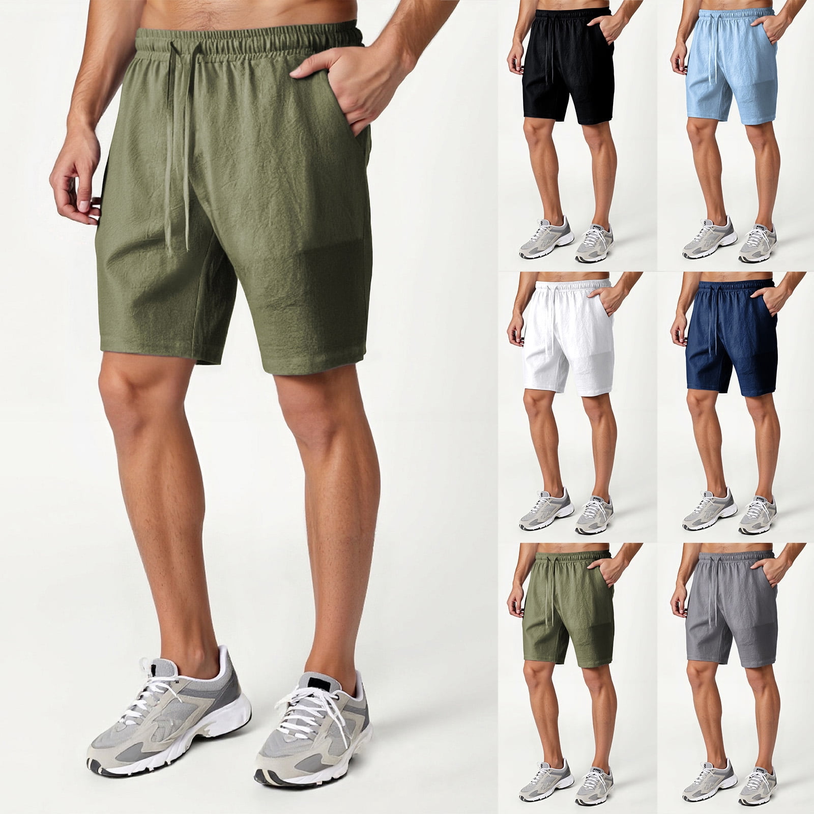 AHMOMEI Linen Mens Shorts Elastic Waist Drawstring Wide Leg Men's Beach ...