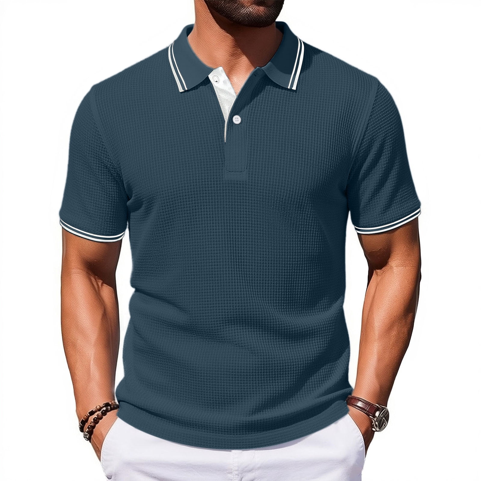 AHMOMEI Men's Polo Shirts Waffle Knit Texture Mens Dress Shirts Short ...