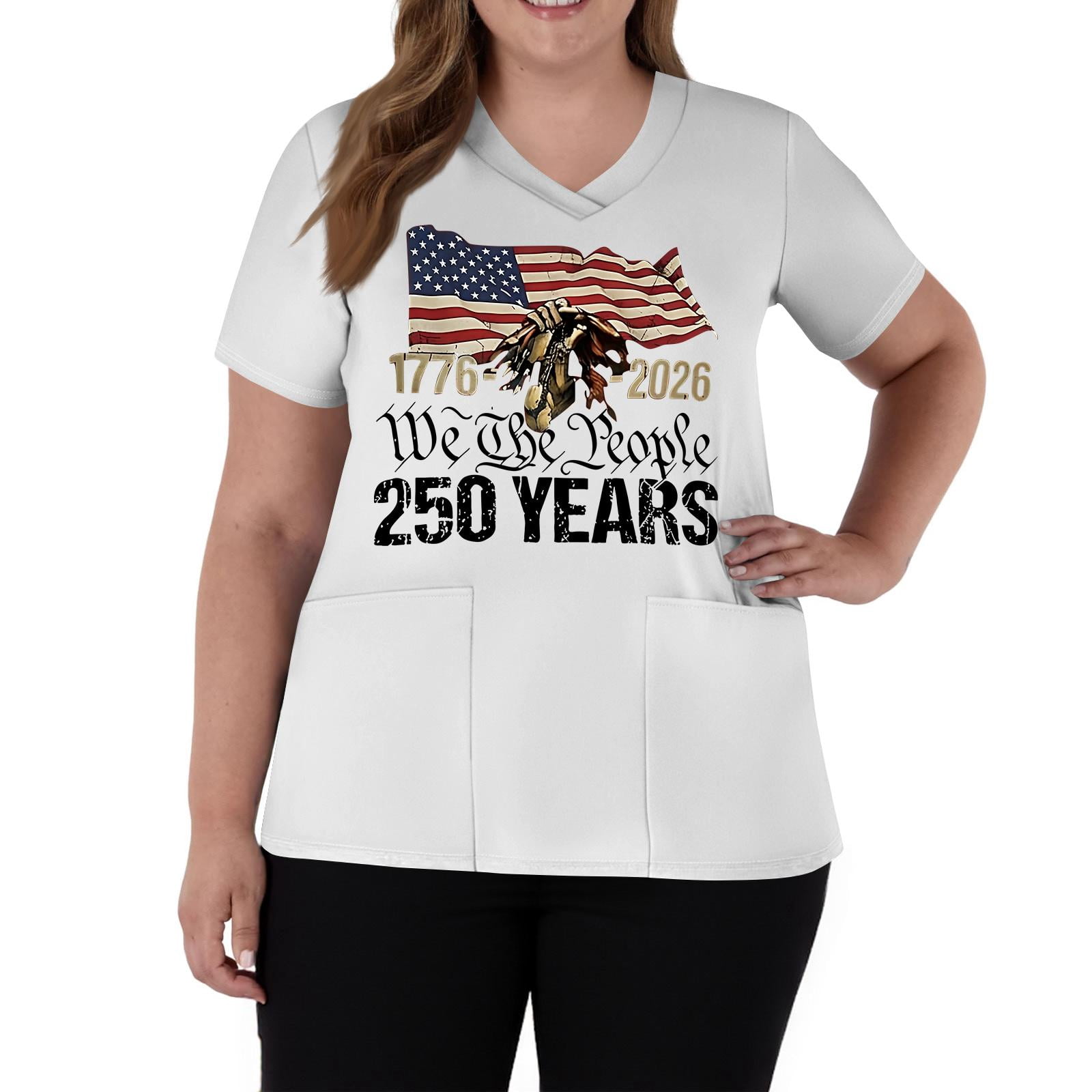 AHMOMEI S-5XL Plus Size 250 Anniversary USA Women Scrub Top Red White ...