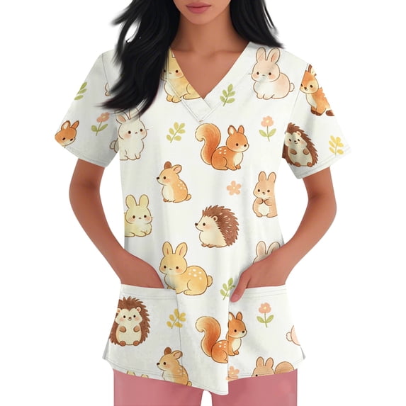 AHMOMEI S-5XL Plus Size Scrub Top for Woman Stretchy Cartoon Animal ...