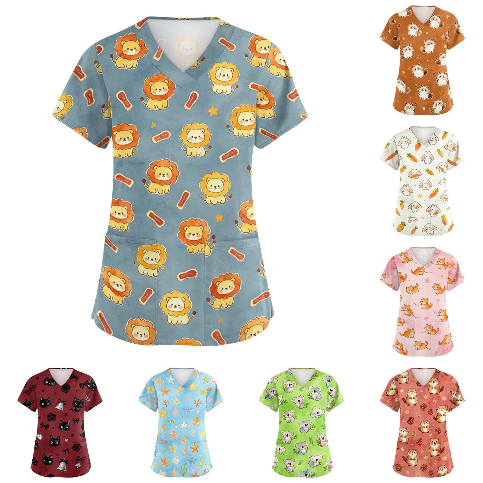 AHMOMEI S-5XL Plus Size Scrub Top for Women Stretchy Cartoon Animal ...