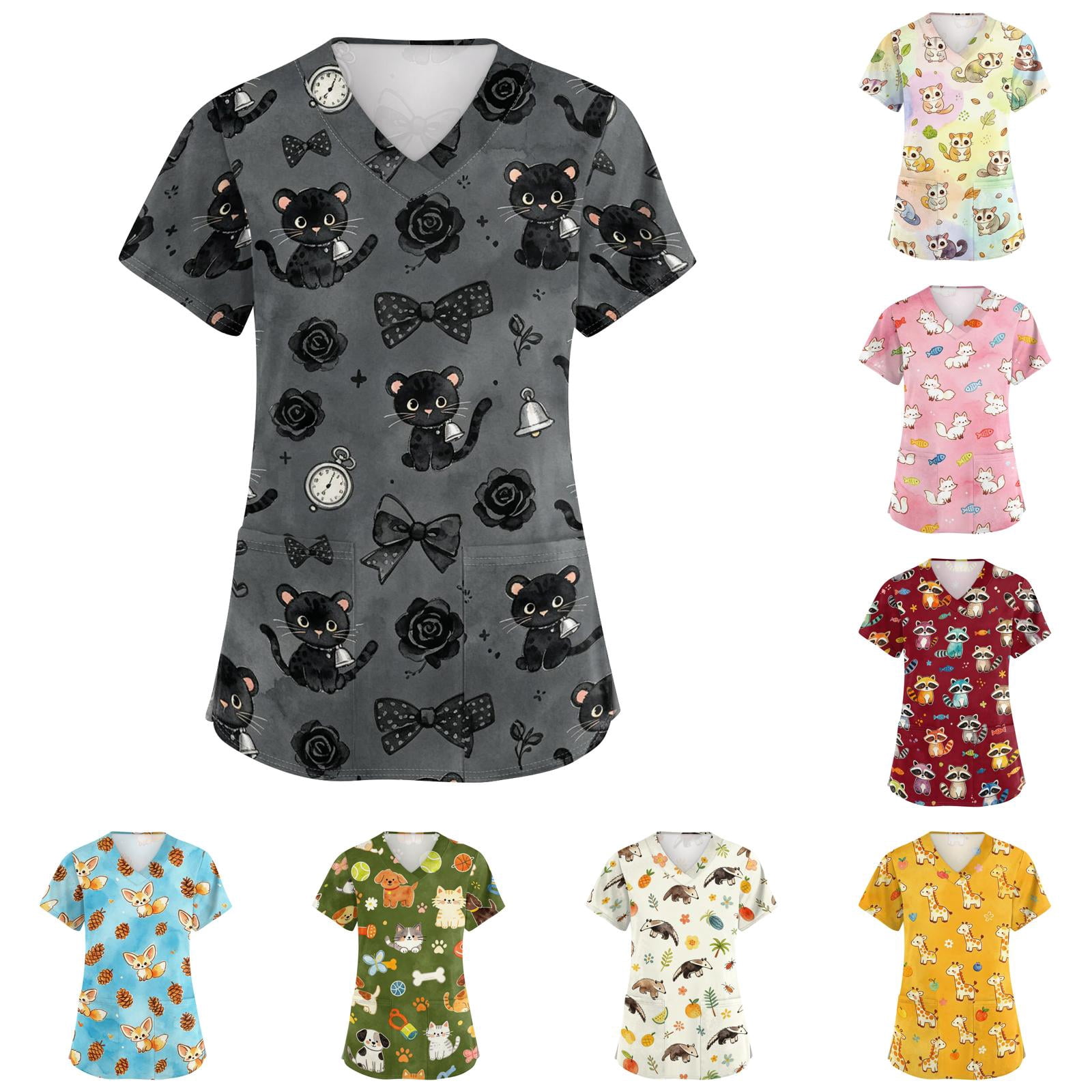 AHMOMEI S-5XL Plus Size Scrub Top for Women Stretchy Cartoon Animal ...