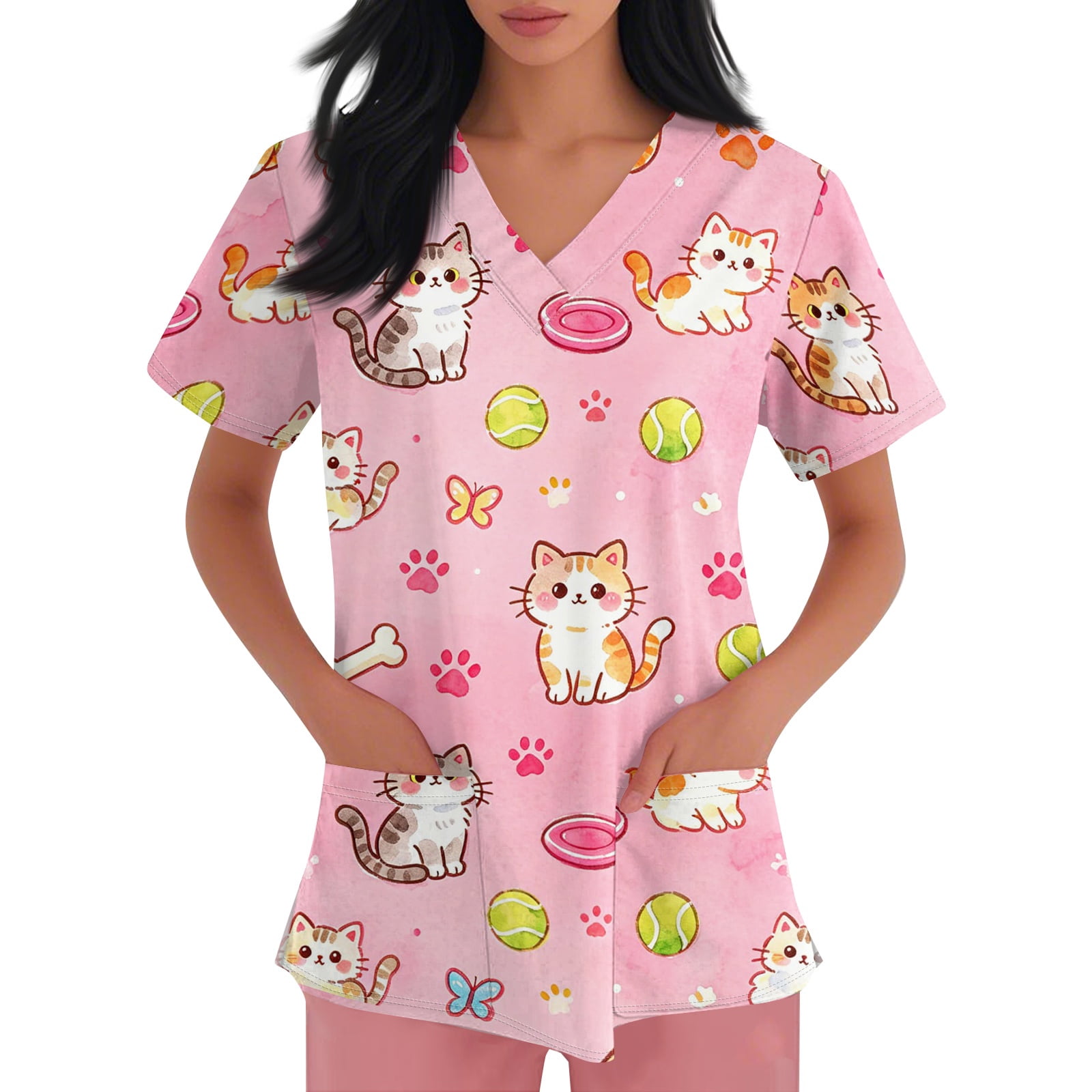 AHMOMEI S-5XL Plus Size Scrub Tops Women Stretchy Cartoon Animal Print ...